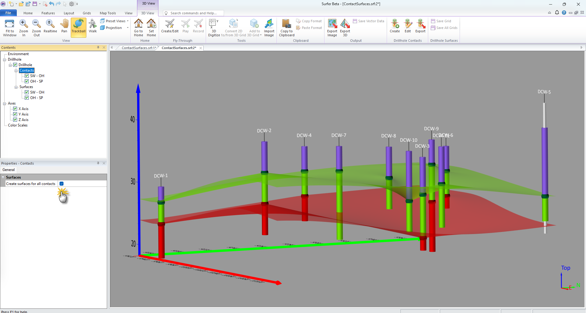 Beta: 3D Drillhole: creating contact surfaces – Golden Software Support